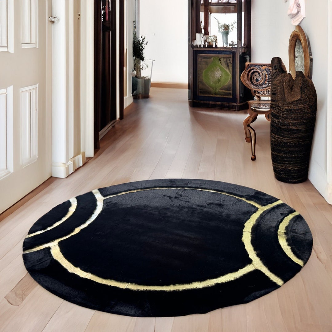 Circle Geometric Plush Area Black Gold Faux Fur Unique 8x8 Rug, Black ...