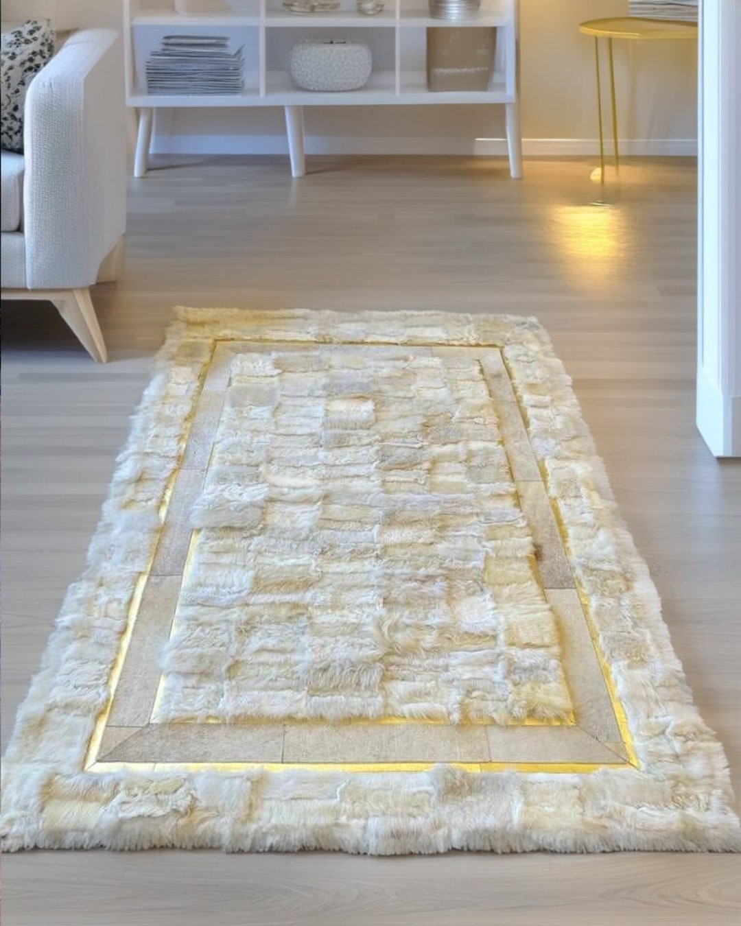 White Gold Sheepskin Fluffy Soft Luxury 6x8 Home Decor Cozy Rug, Wool ...