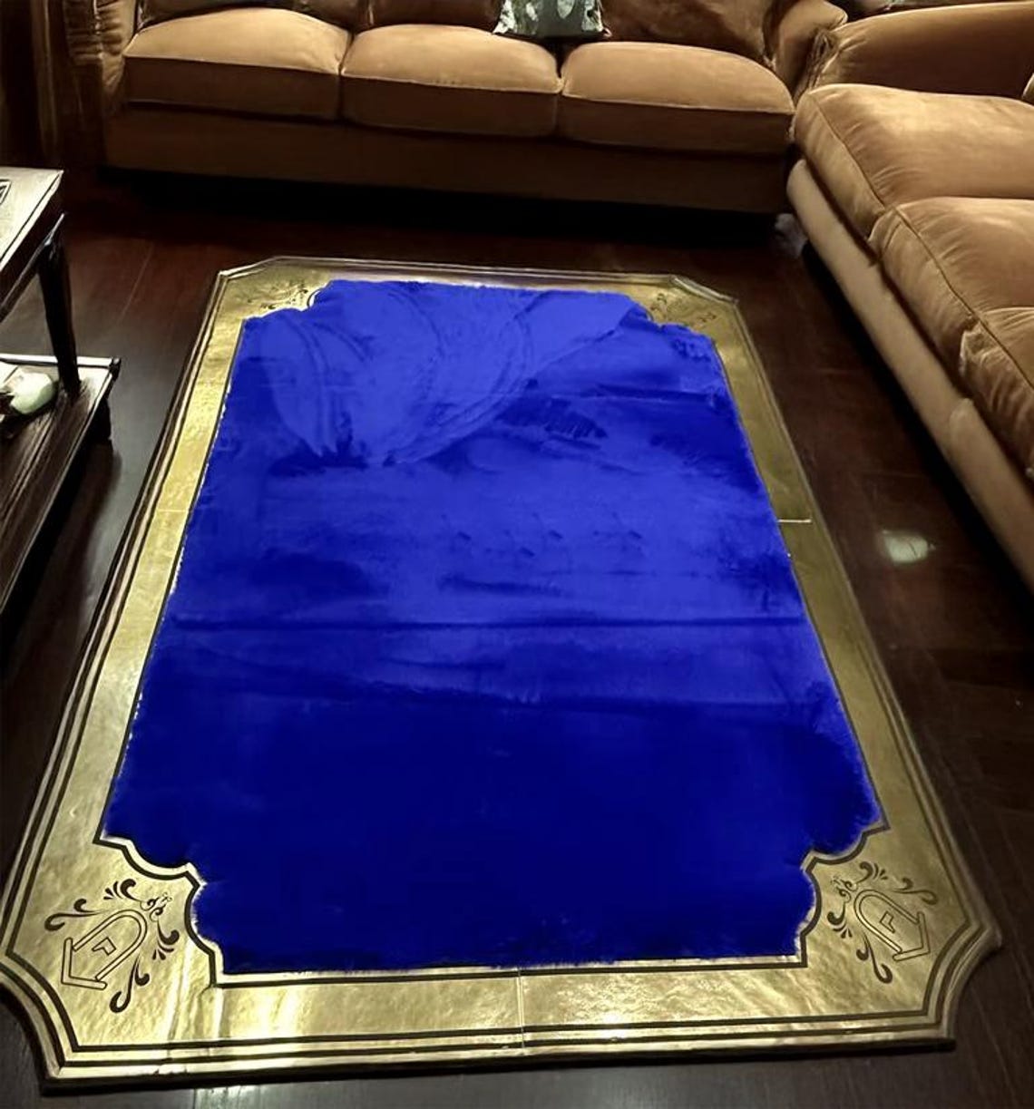 Geometric Plush Area Navy Blue Gold Faux Fur Unique 4x6 Large Rug ...