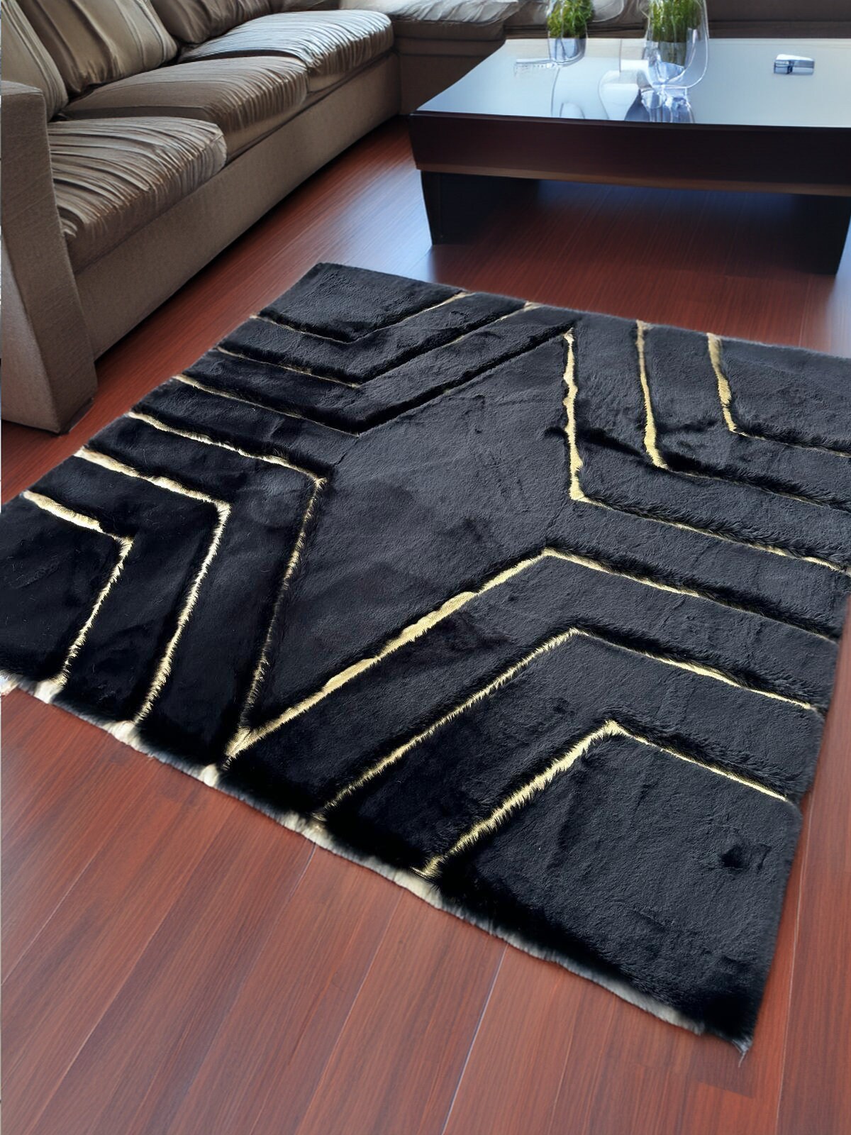 Black Gold Luxury Plush Floor Faux Fur Unique Rug, Home Decor 5x8 ...