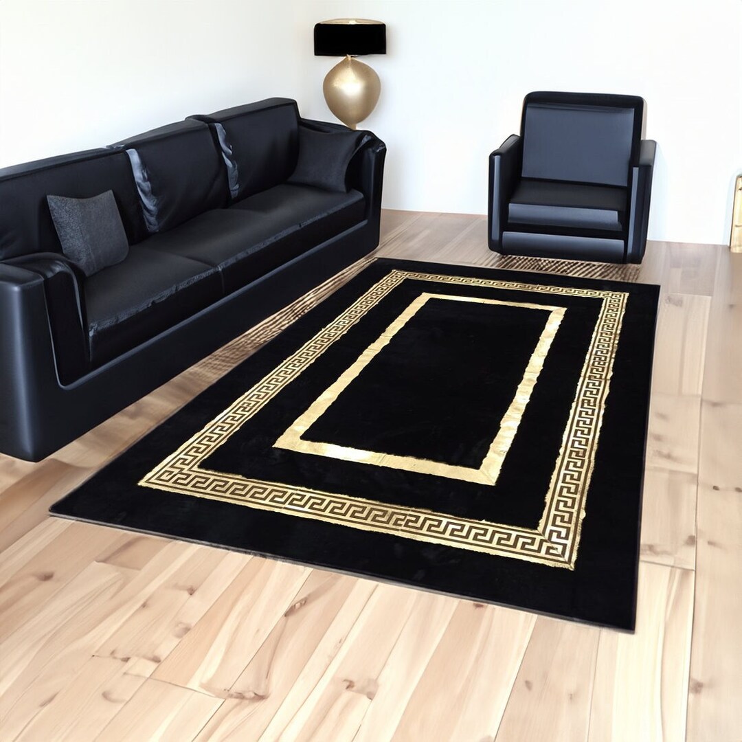 Designer Luxury Black & Gold Shaggy Plush Bedroom 6x8 Rug, Soft High ...
