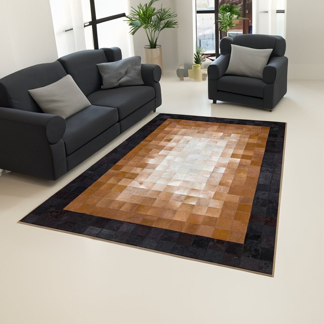 High Quality Geometric Area Brown Leather Rug, Southwestern Elegant ...