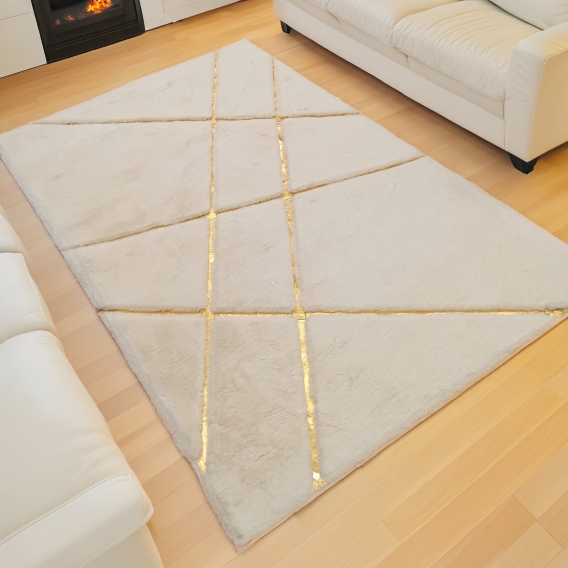 Luxury Plush Floor White Gold Faux Fur Unique 6x8 Large Rug, White 5x8 ...