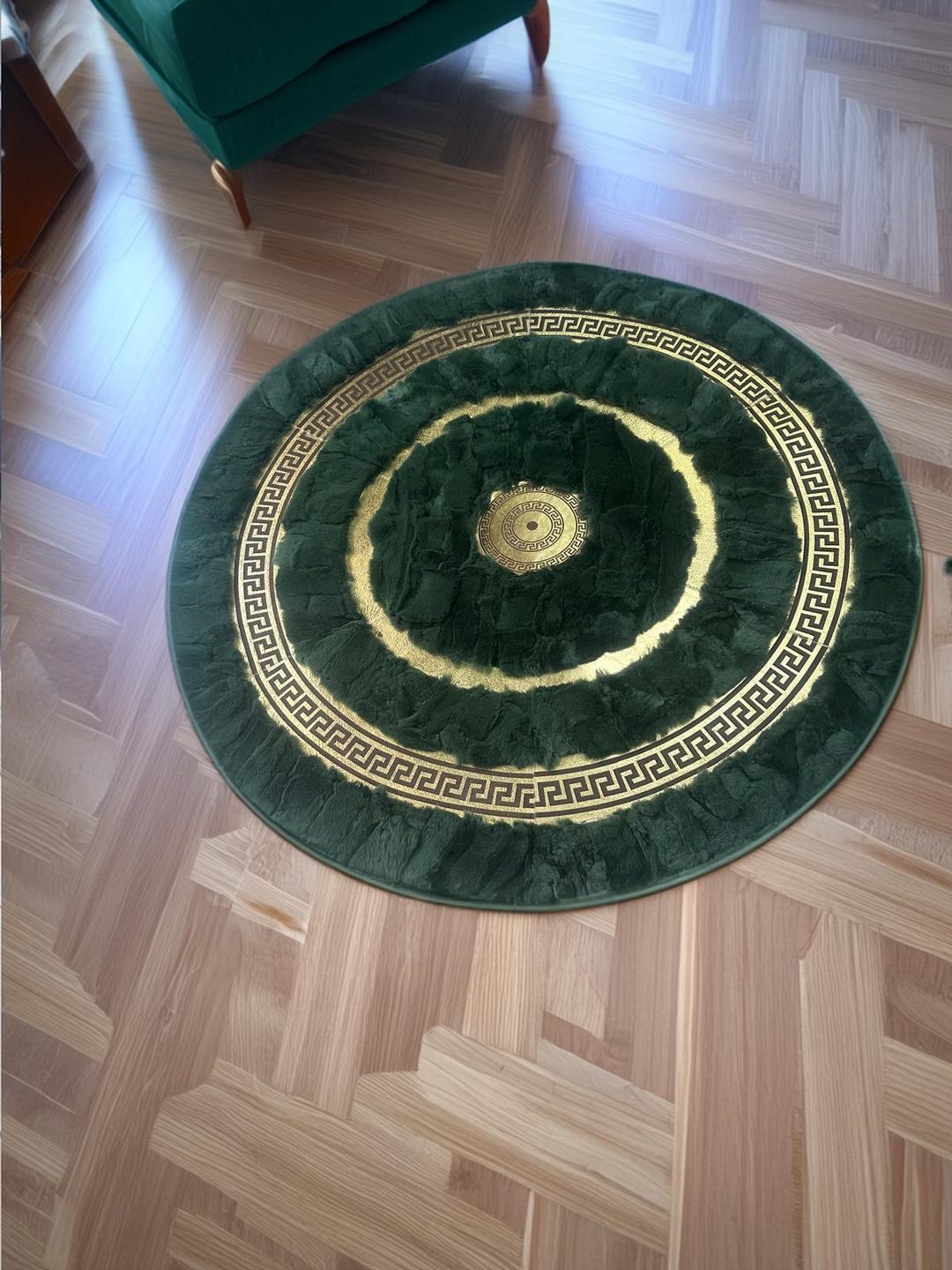 Round Green Gold Luxury Fluffy Soft Home Decor Rug, Elegant Living Room ...
