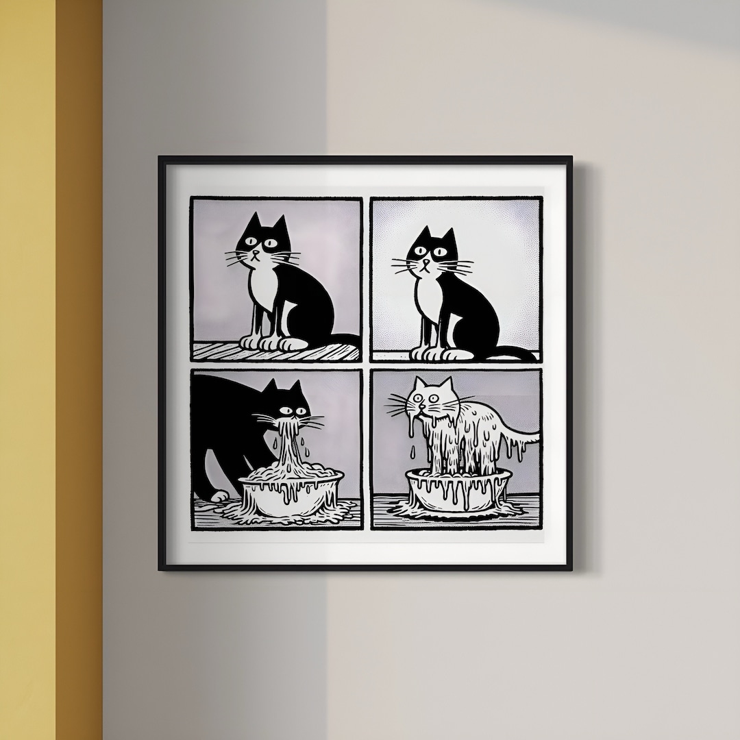 Slime Cat Comic Linocut Style Wall Art Print Home Decor Gift Art Art ...