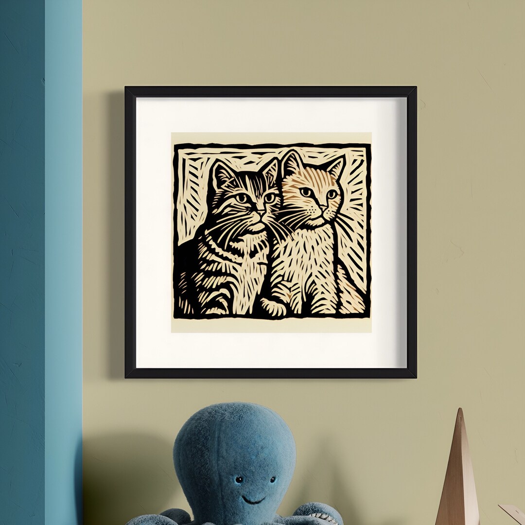 Feline Harmony 2 Two Kitty Cats Linocut Style Print Home Decor Wall Art ...