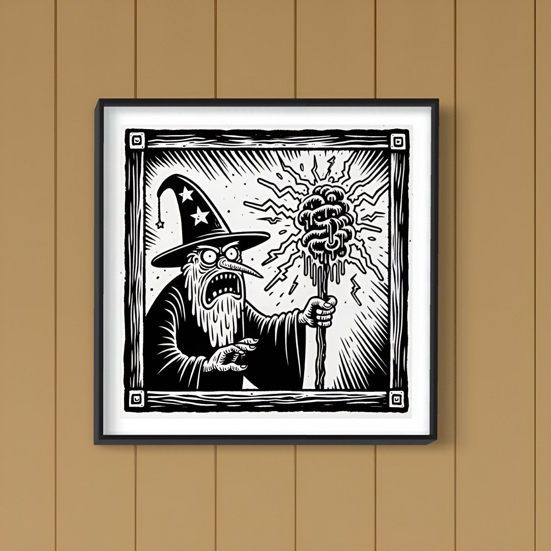Insane Wizard Linocut Style Wall Art Print Home Decor Gift Funny Art ...