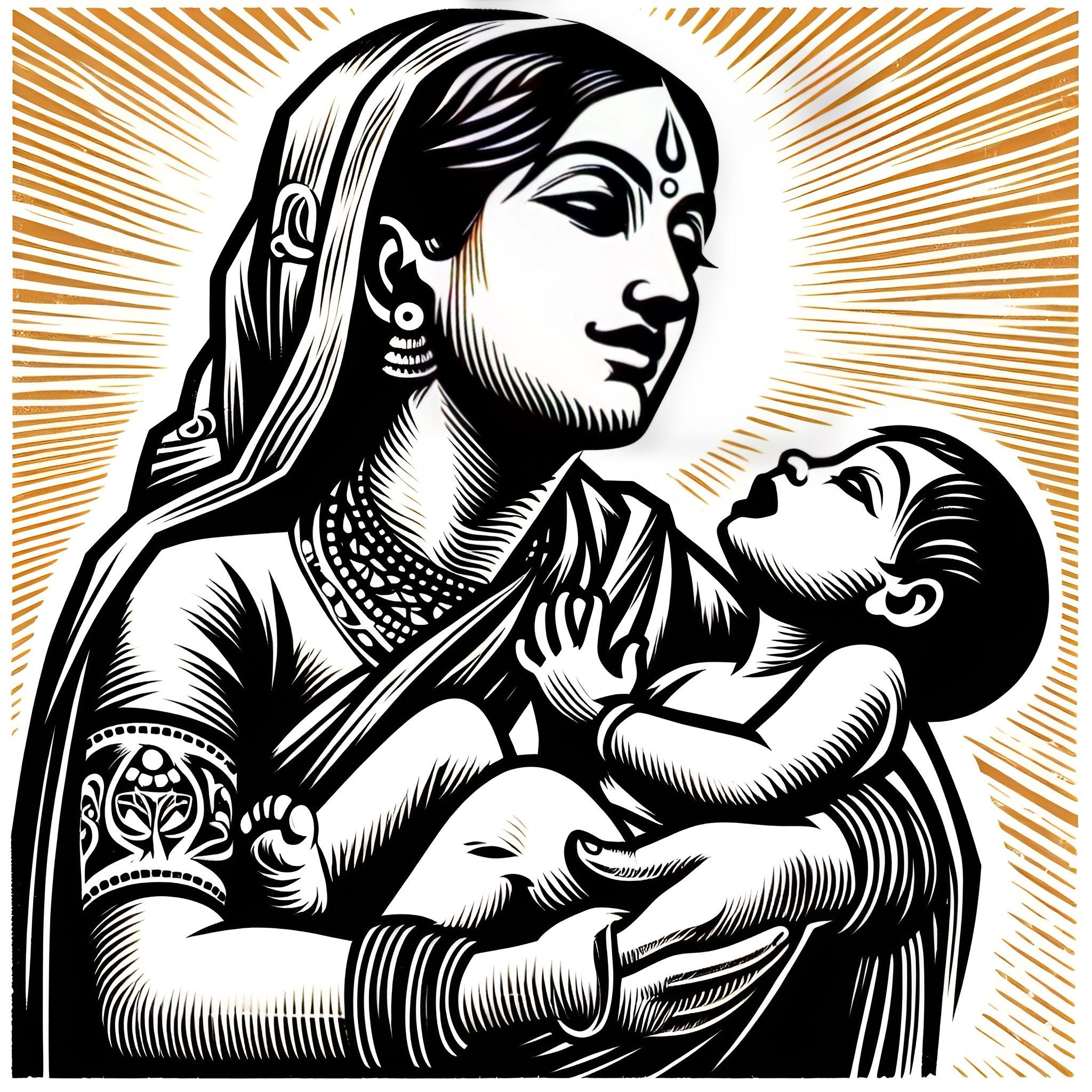 Holy Mother Linocut Style Indian Motherhood Mom Family Baby Maternal ...