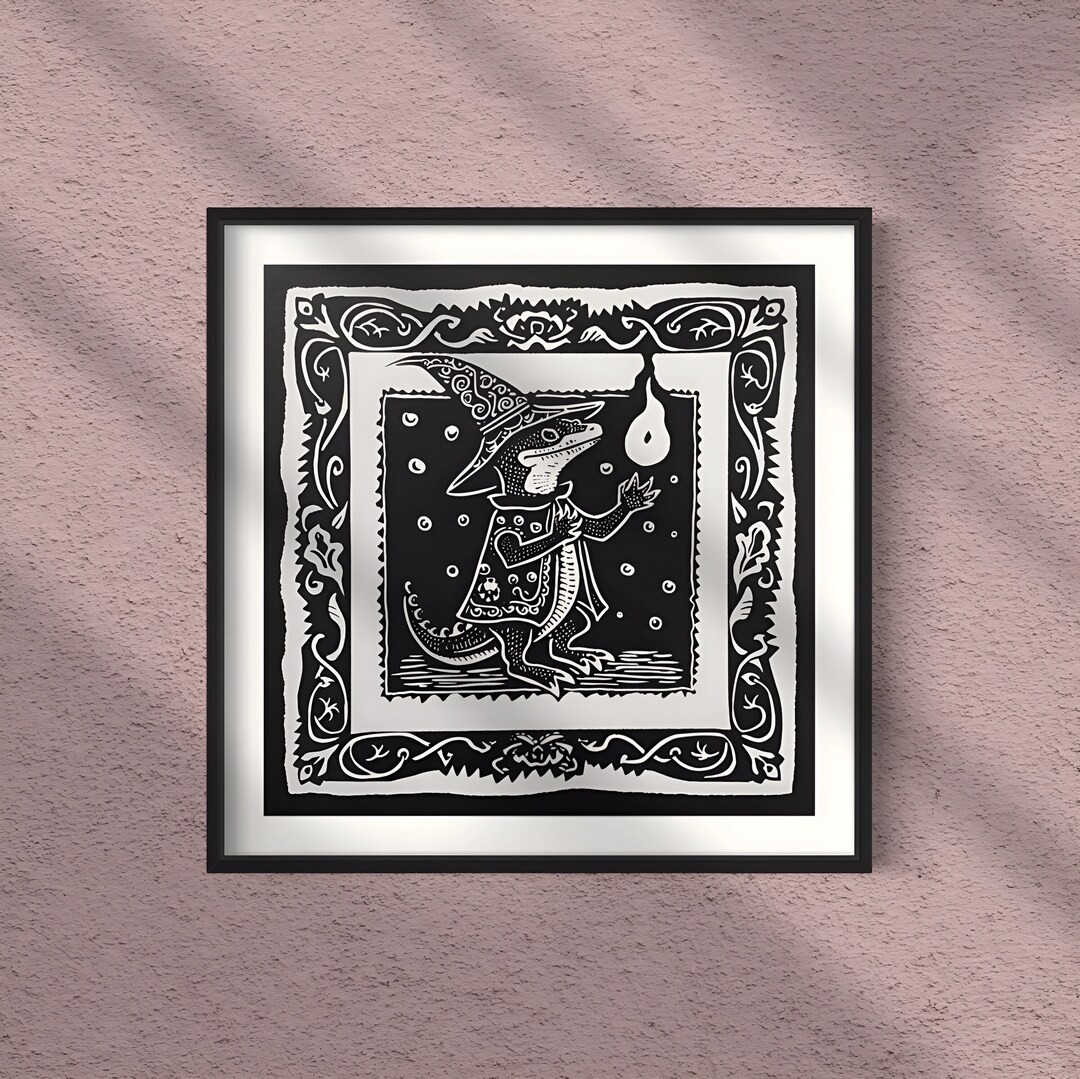 Lizard Wizard 5 Linocut Style Block Print Illustration Wall Art Home ...