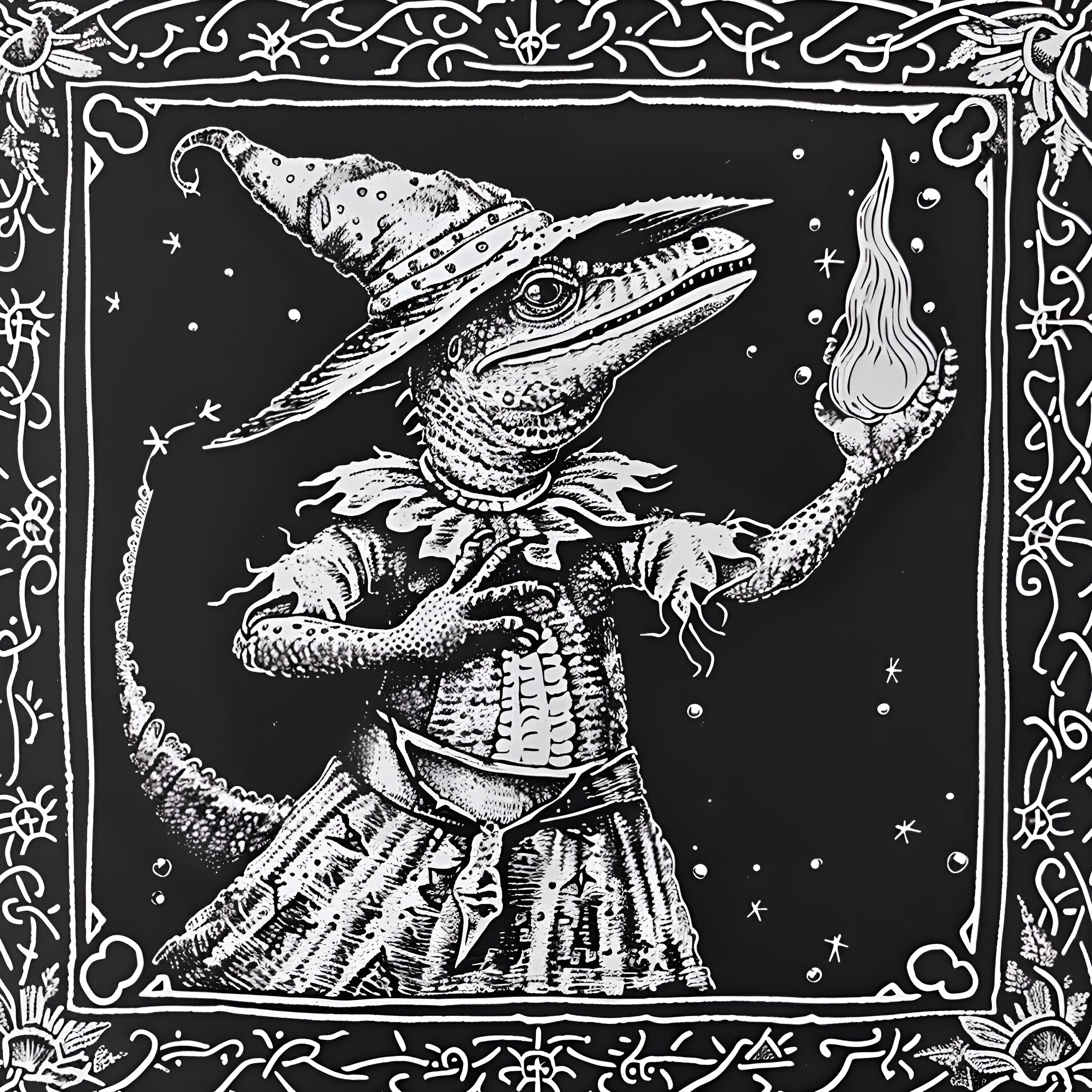 Lizard Wizard 4 Linocut Style Block Print Illustration Wall Art Home ...