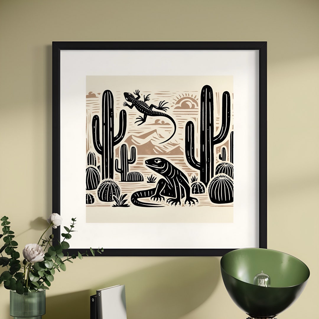 Desert Lizards Linocut Style Surreal Lizard Desert Home Decor Wall Art ...