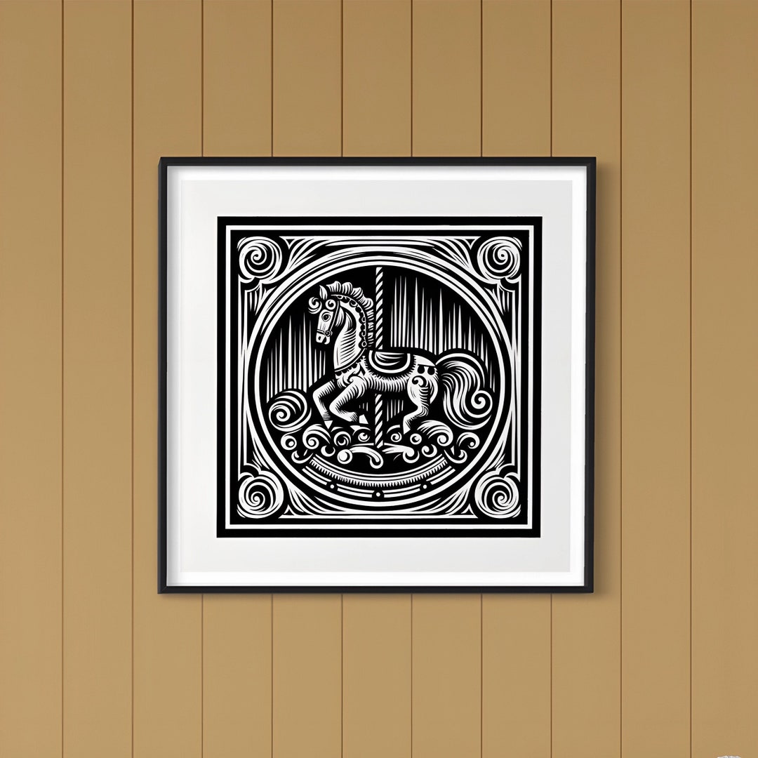 Carousel Horse Linocut Style Wall Art Print Home Decor Gift Idea Block ...