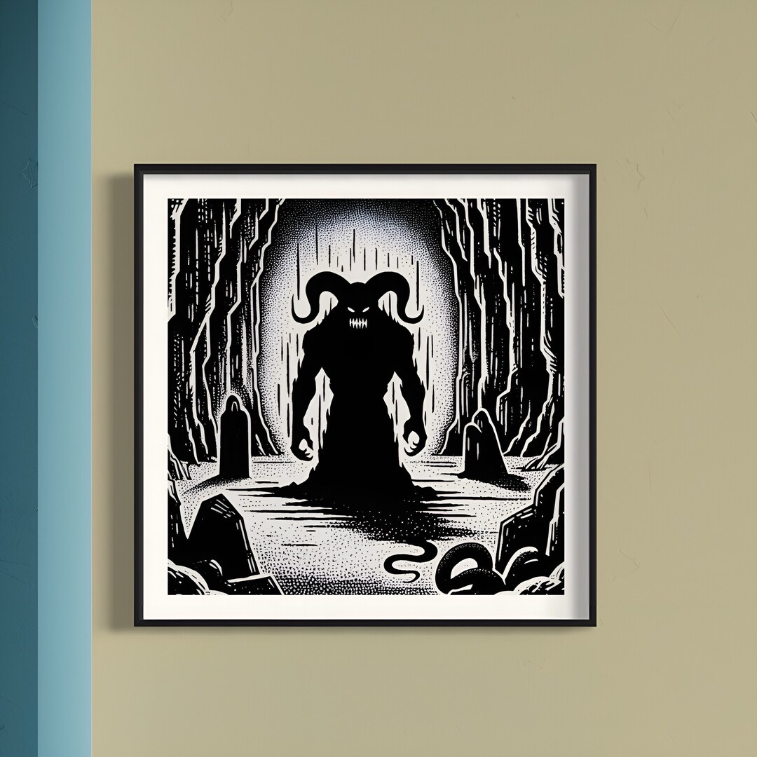Cave Demon Linocut Style Wall Art Print Home Decor Gift Dark Art ...