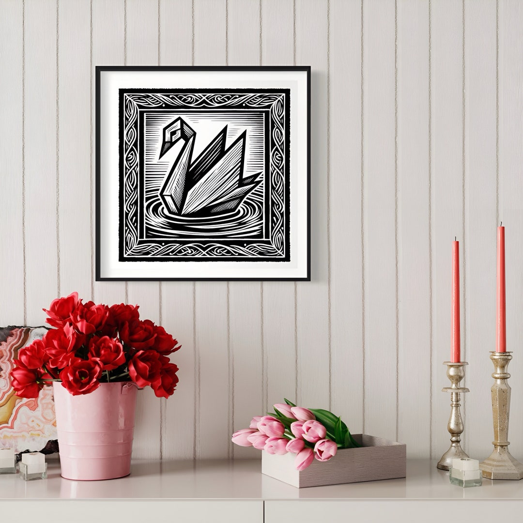 Paper Crane 4 Linocut Style Wall Art Print Home Decor Gift Idea Block ...
