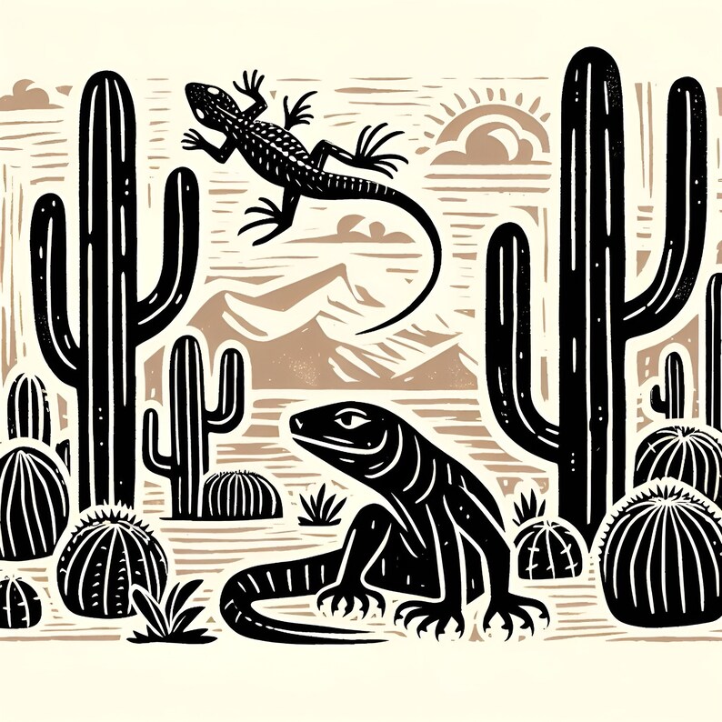 Desert Lizards Linocut Style Surreal Lizard Desert Home Decor Wall Art ...