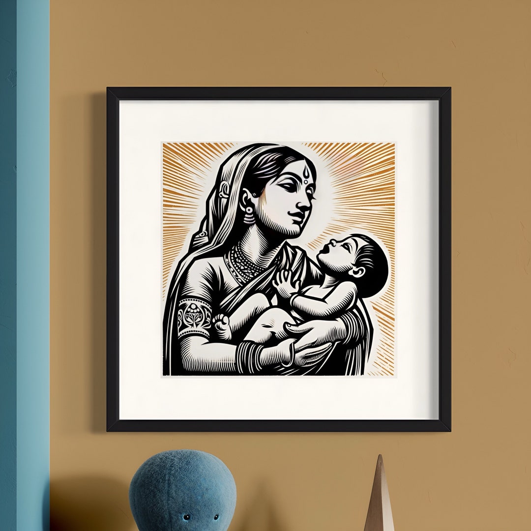 Holy Mother Linocut Style Indian Motherhood Mom Family Baby Maternal ...