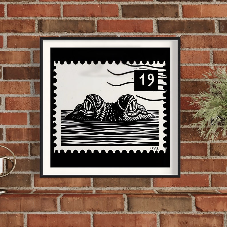 Alligator Stamp 2 Linocut Postage Stamp Style Print Home Decor Wall Art ...