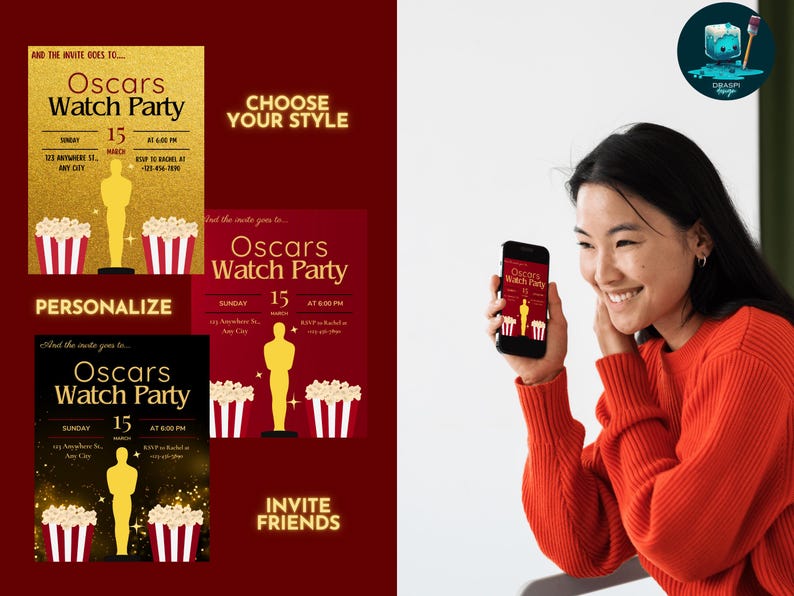2026 Oscars Watch Party Invitation Template | 3 Glamorous Awards Night ...