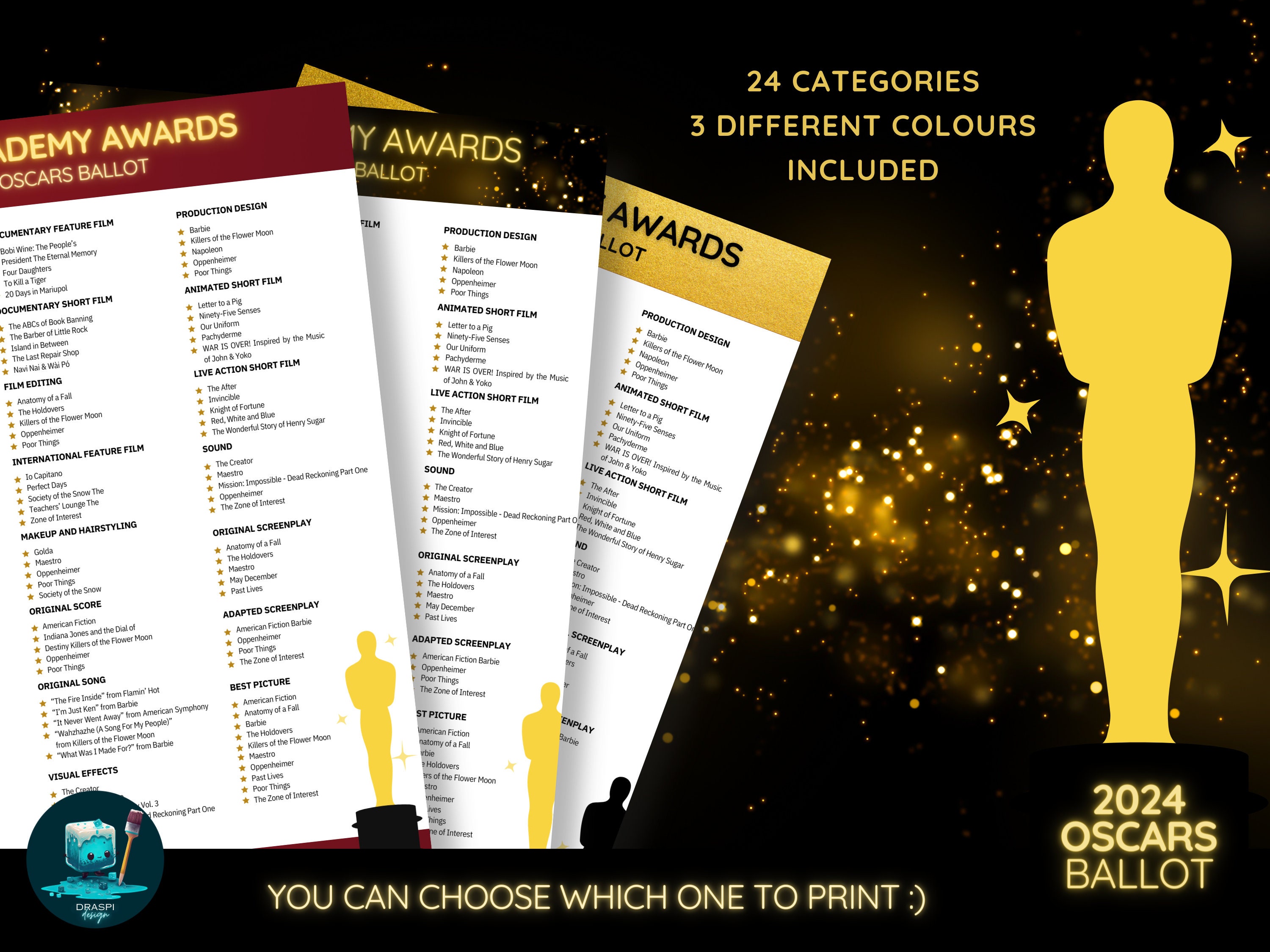 96th Academy Awards Ballot Bundle Academy Awards Watch Party Party ...