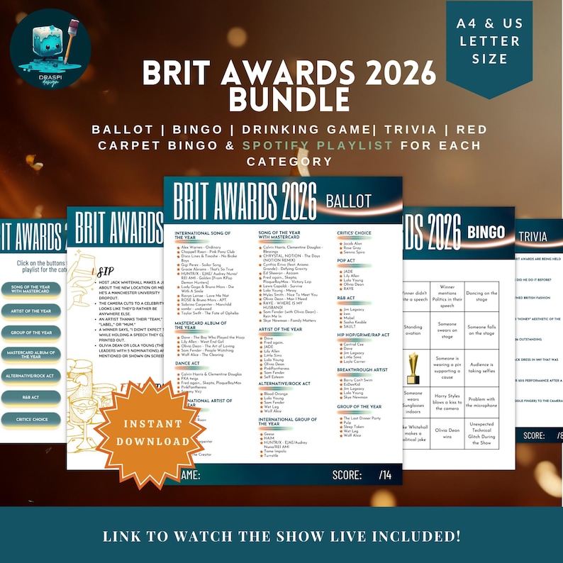 Brit Awards 2026 Party Game Bundle: Ballot, Bingo, Trivia, Drinking ...
