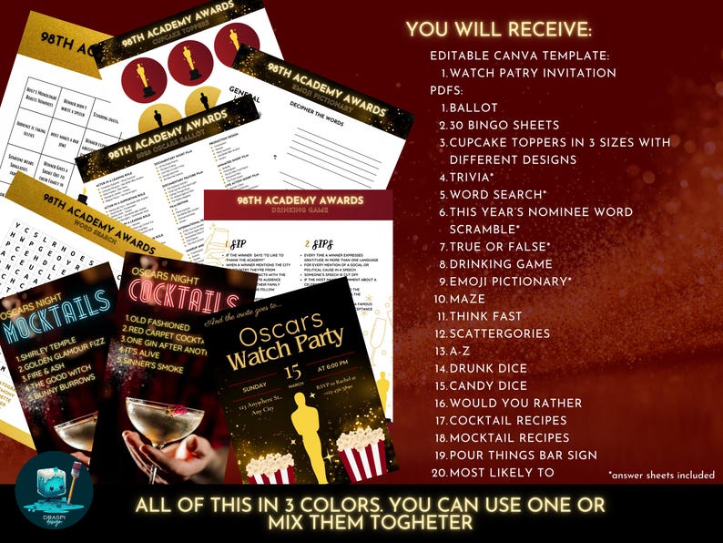 Oscars 2026 Party Games MEGA BUNDLE | 30 Bingo for Adults | Party ...