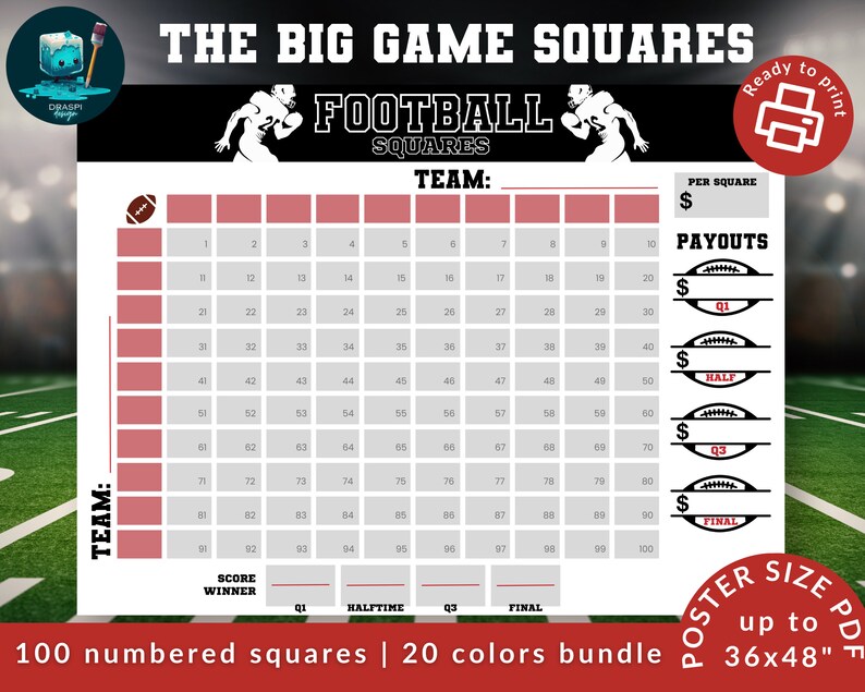 20 Colors Football Squares Bundle | Watch Party Game | Fun Game for ...