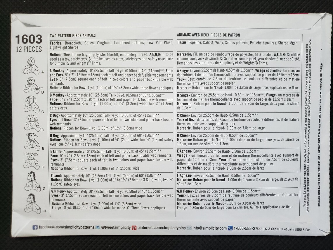 Uncut Simplicity 1603 Stuffed Animals Sewing Pattern | One Size Only - Etsy