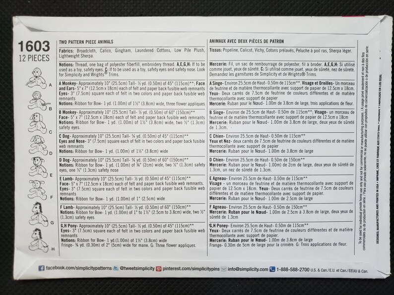 Uncut Simplicity 1603 Stuffed Animals Sewing Pattern | One Size Only - Etsy