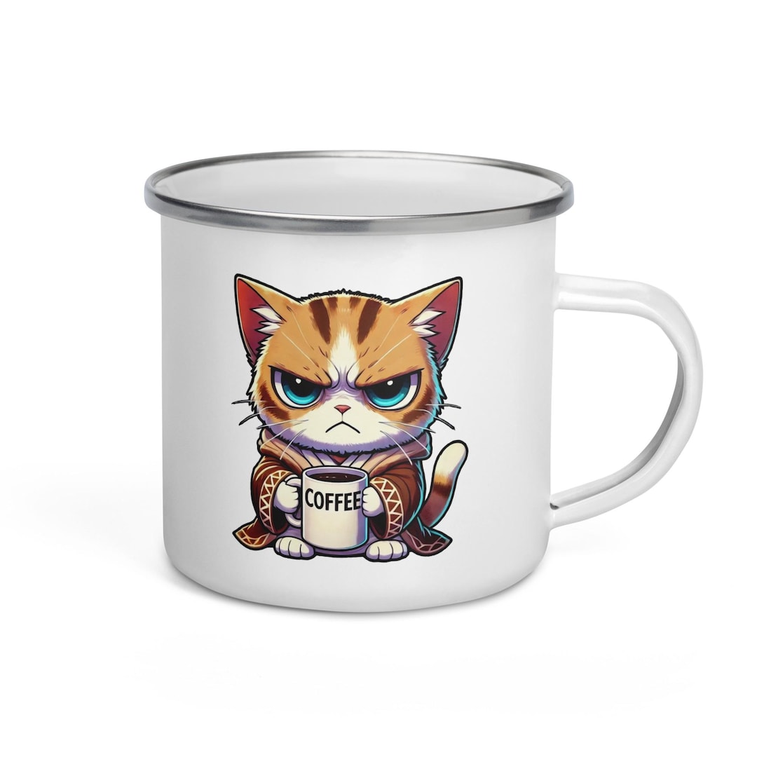 Caffeine and Catitude – Anime Grumpy Cat Enamel Mug - Etsy