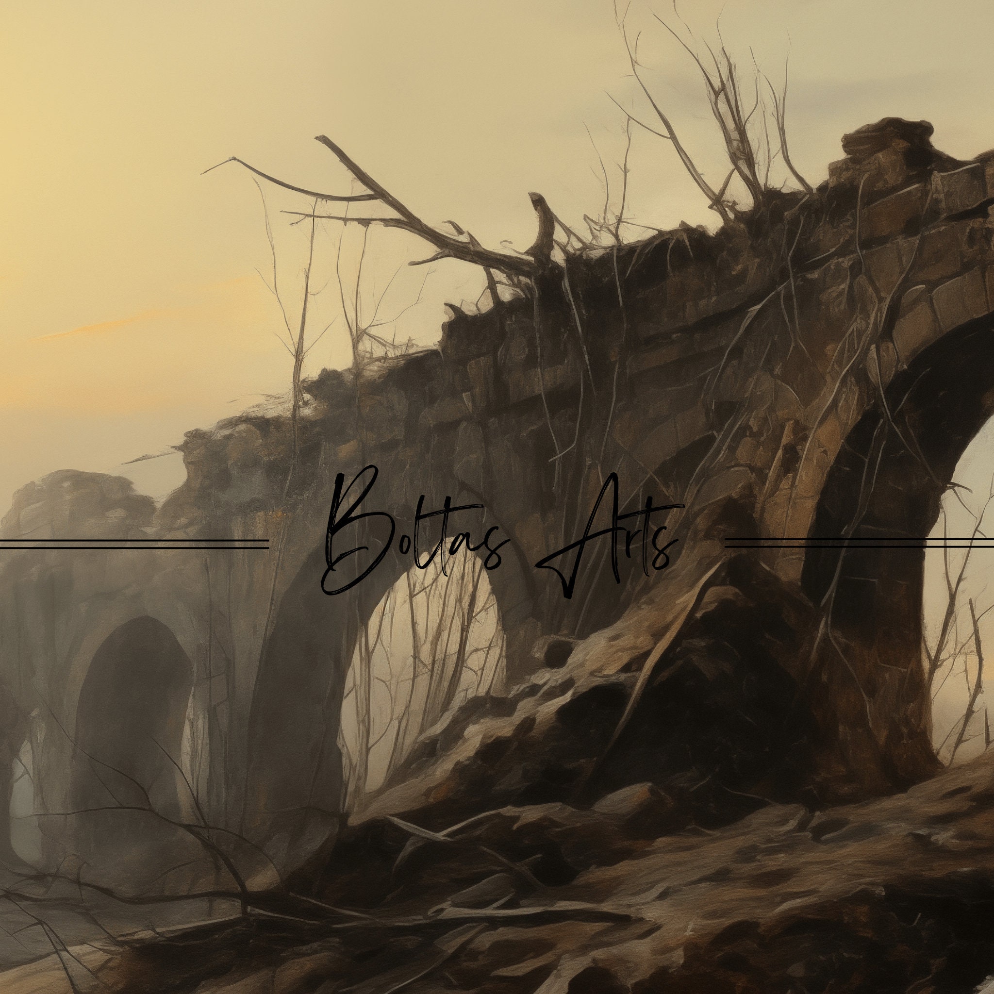 Rustic Bridge Landscape Painting Vintage Wall Art Sunset Print ...
