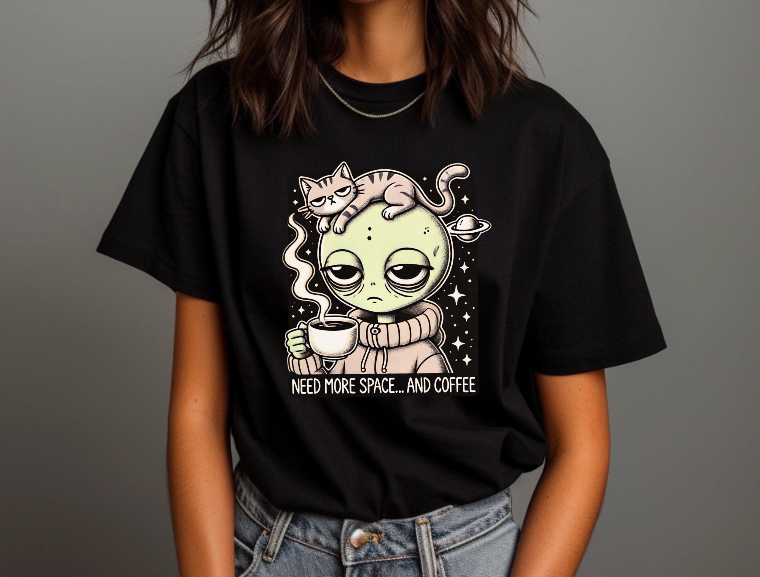 Sleepy Alien With a Cup of Coffee Png, Funny Cat Png, Cute Alien ...