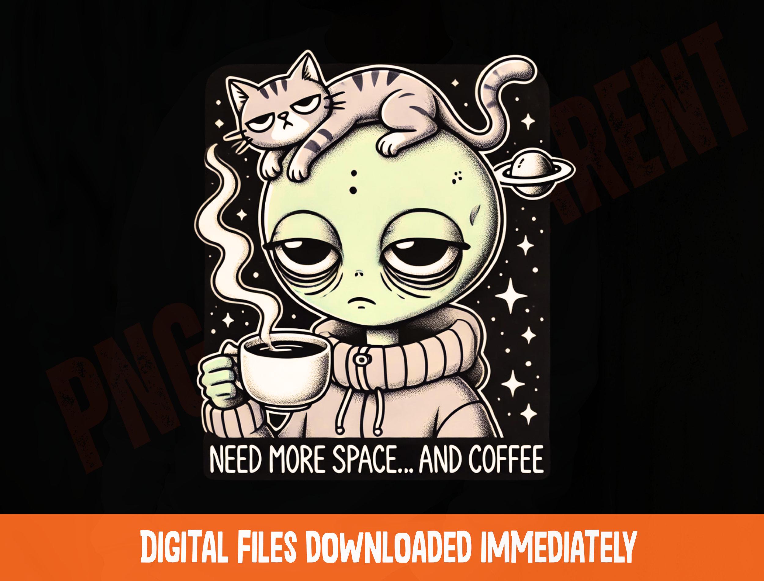 Sleepy Alien With a Cup of Coffee Png, Funny Cat Png, Cute Alien ...