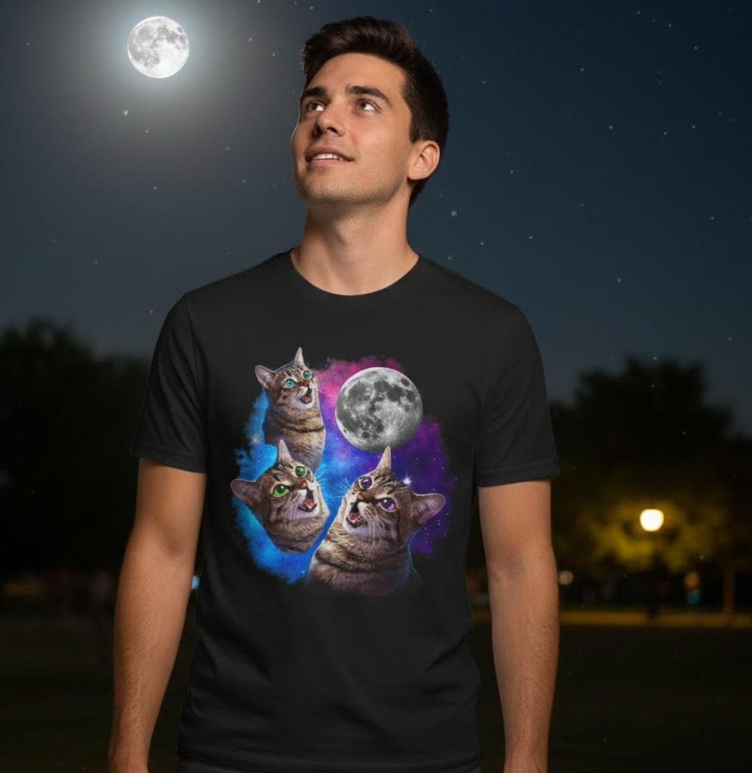 Three Cat Moon Shirt Funny Howling Cats Cursed Meme Retro Parody Space ...