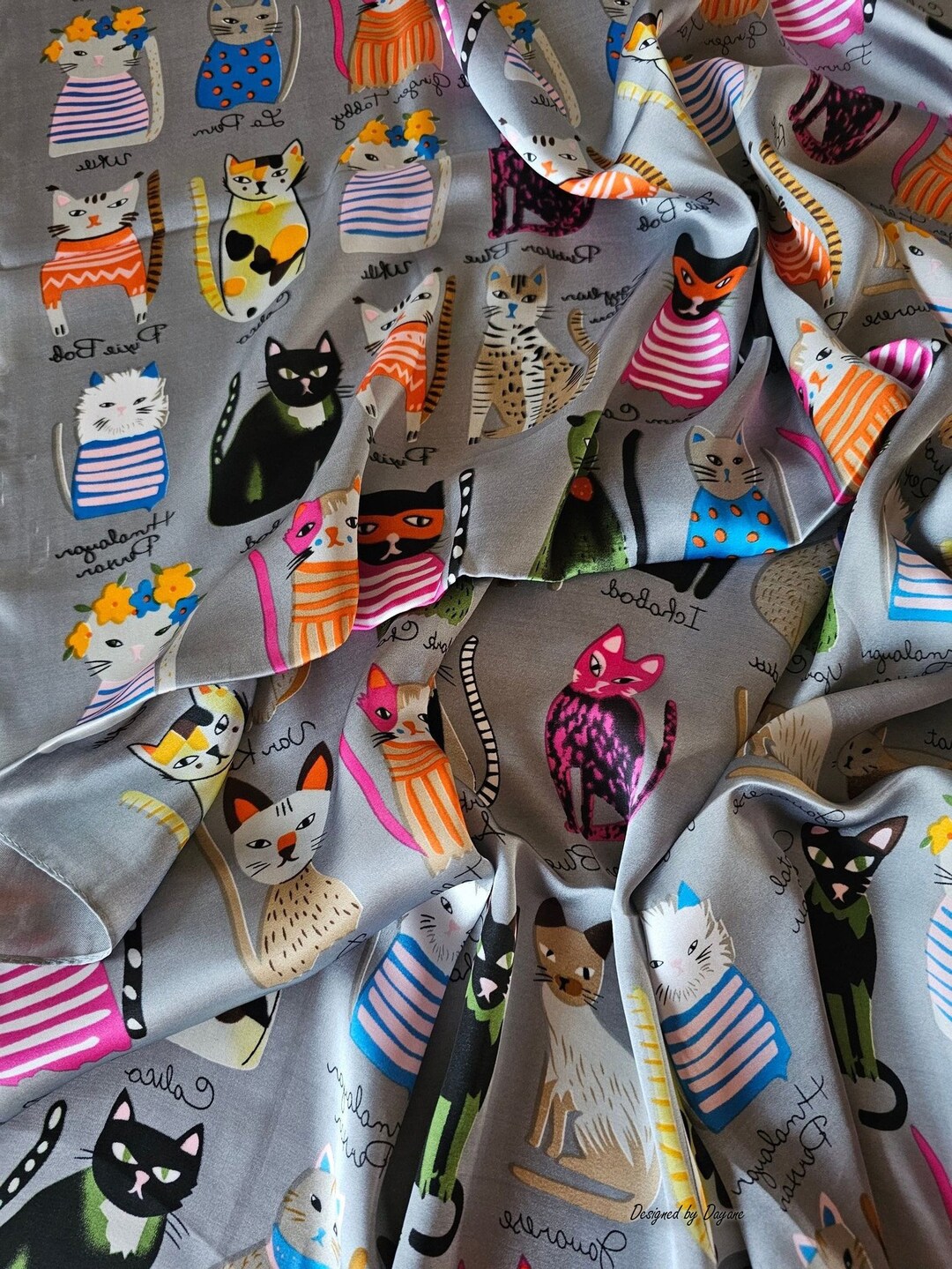 Scarf Silk Cat Print Grey Luxe Silk Feel Square Pashmina, 90x90 ...