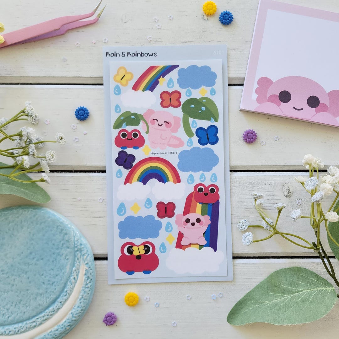 Rain and Rainbows Sticker Sheet | Cute Rainy Day Stickers | Kawaii ...
