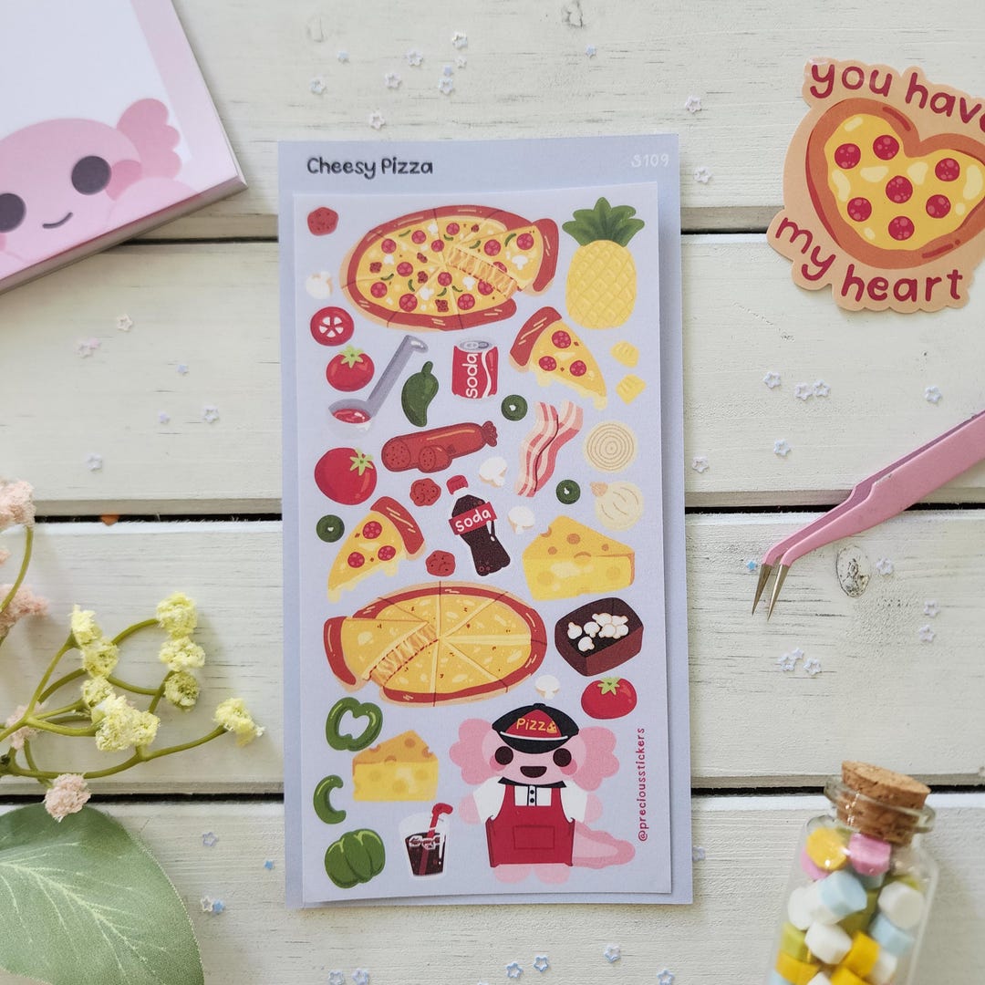Cheesy Pizza Sticker Sheet | Cute Kawaii Food Stickers - Pizza Slice ...