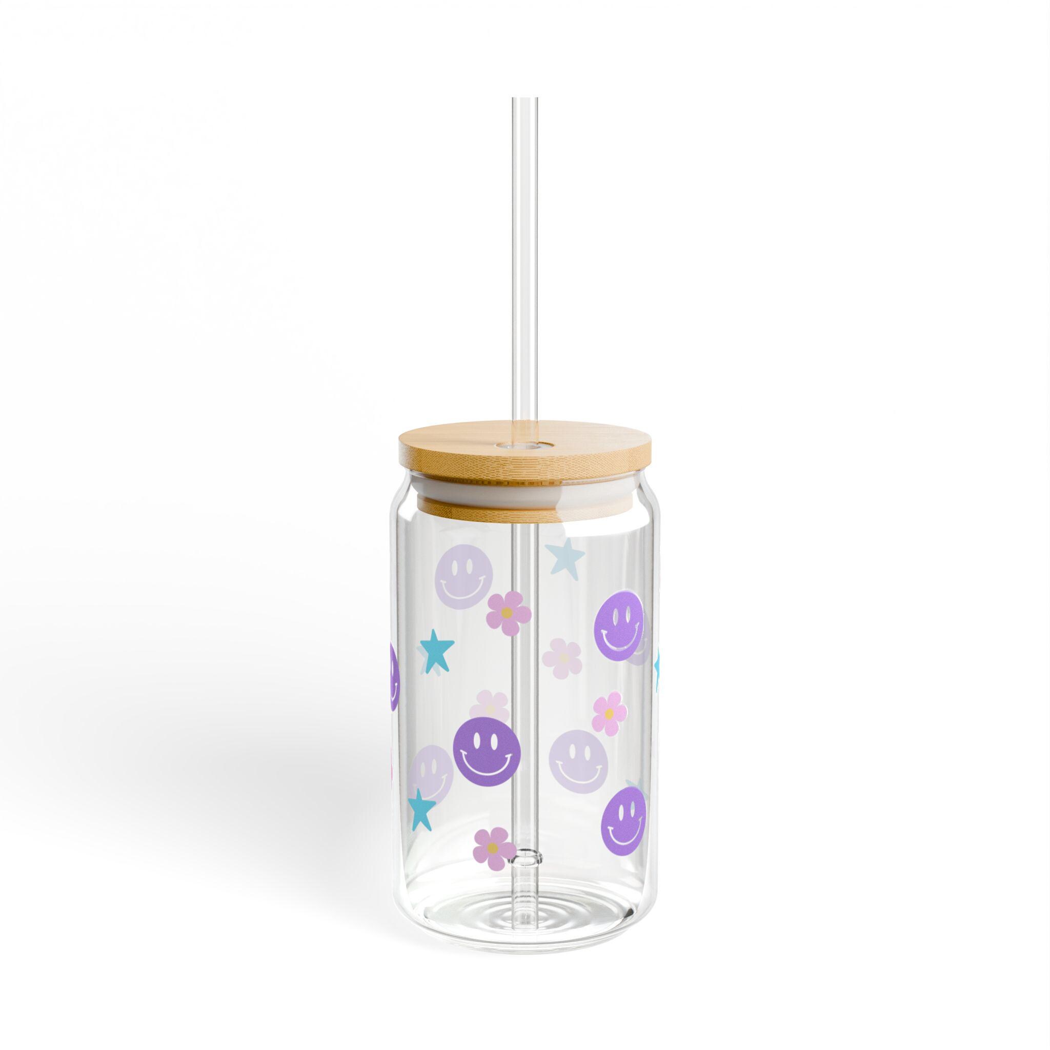 Summer Sipper Glass With Smileys 16 Oz, Bamboo Lid & Tritan Straw, Iced ...
