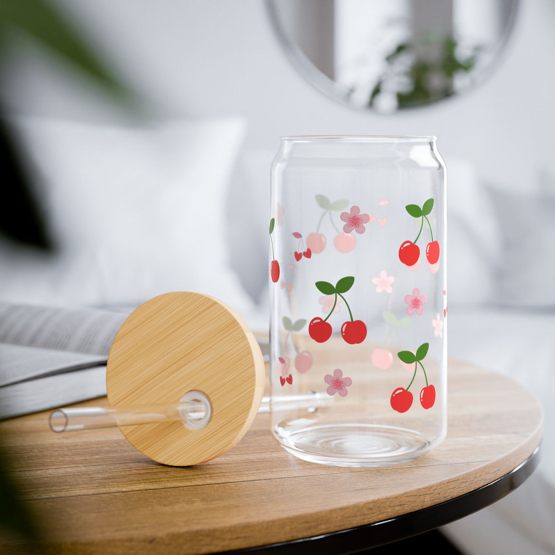 Summer Sipper Glass With Cherries 16 Oz, Bamboo Lid & Tritan Straw ...