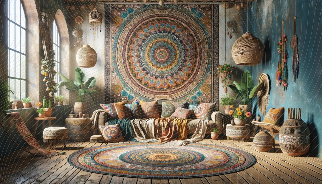 Bohemian Mandala Backdrop for Photography, Wall Art, 200x150cm, Vibrant ...