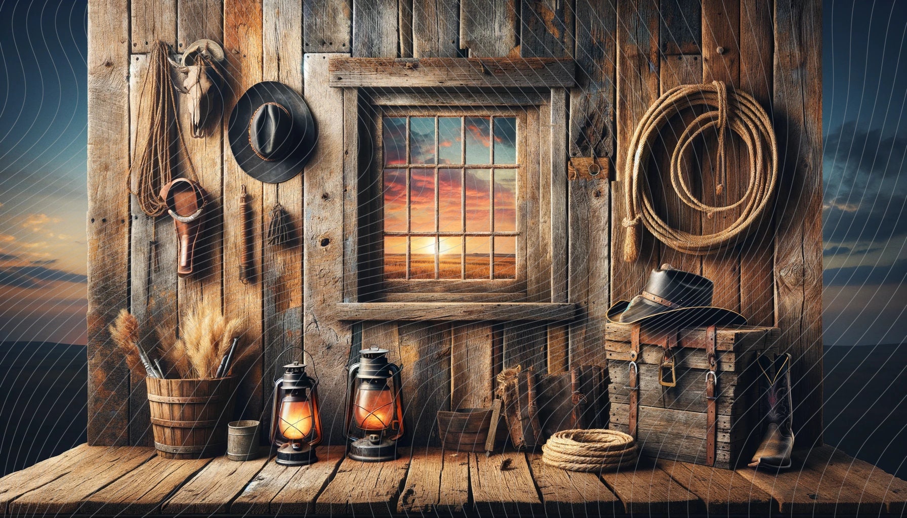 Classic Western Barn Backdrop, Sunset Window View, Vintage Cowboy Gear ...