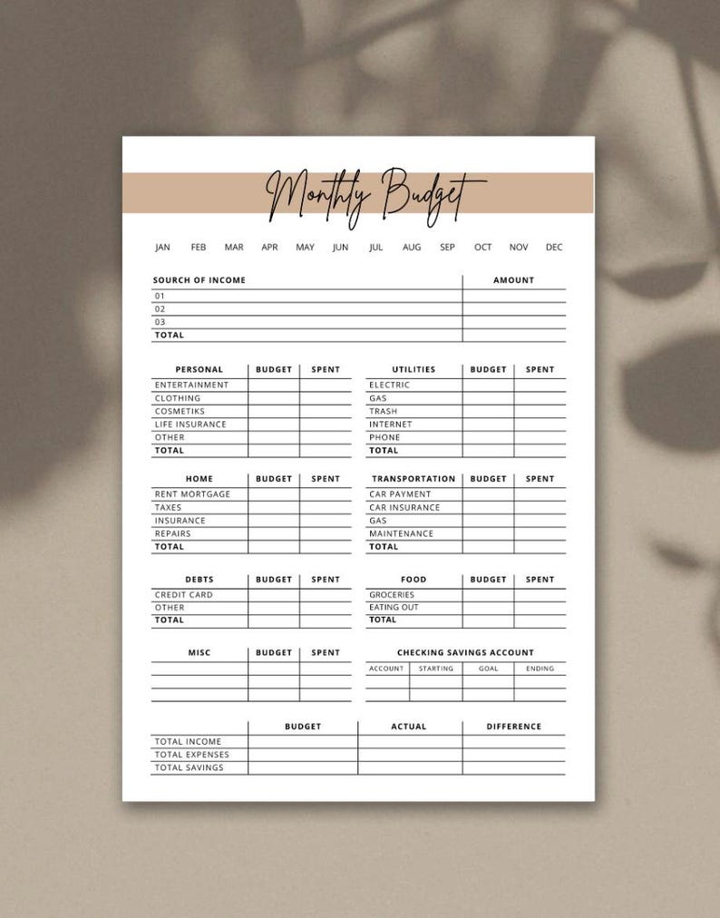 Monthly Budget Sheet, Monthly Budget, Budgeting Sheet, Budgeting ...