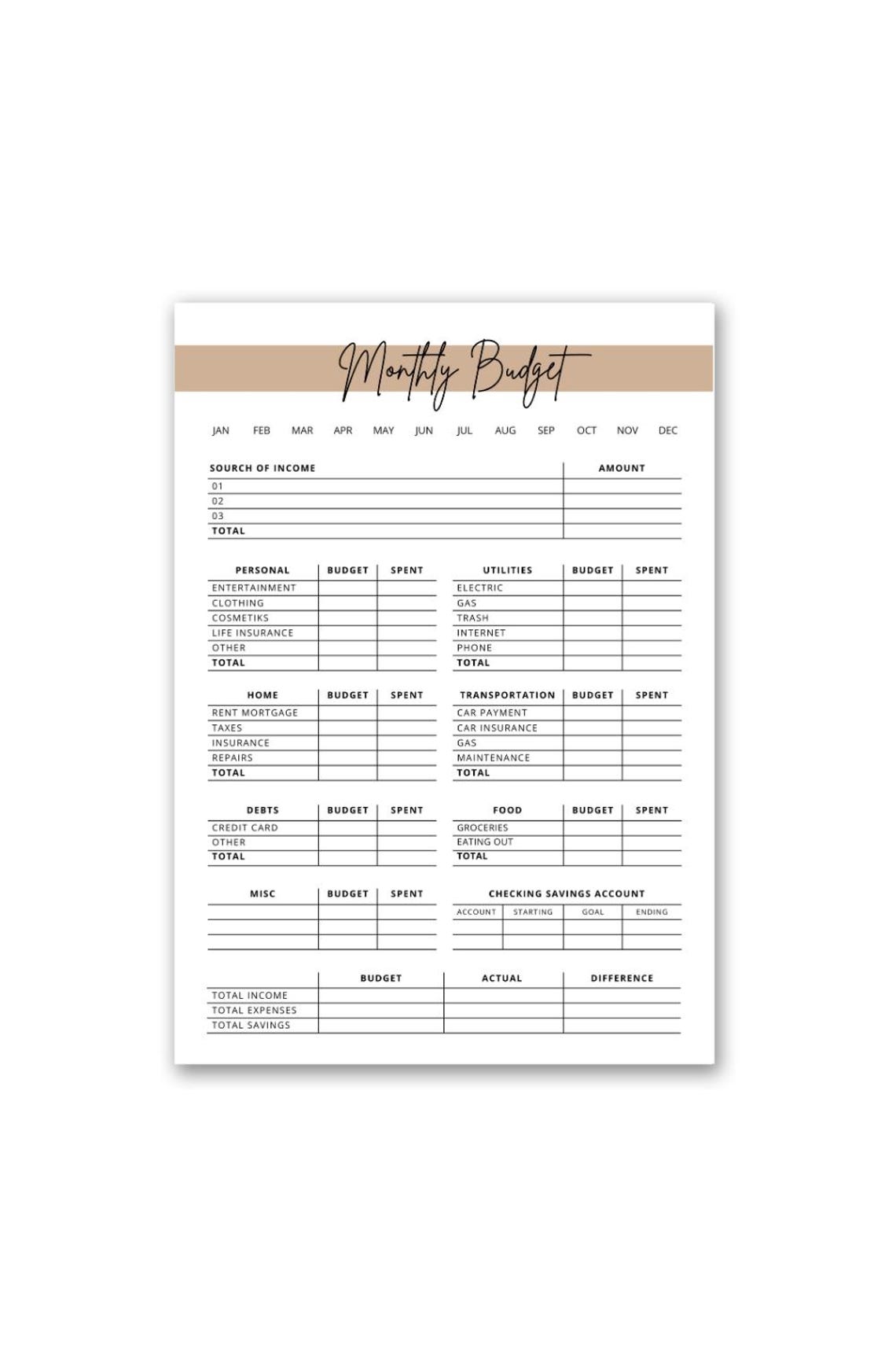 Monthly Budget Sheet, Monthly Budget, Budgeting Sheet, Budgeting ...