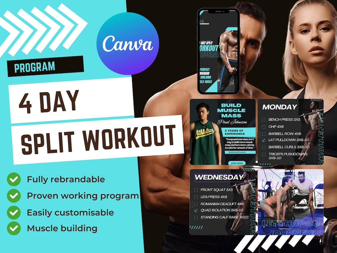 4-day Split Workout Program, Muscle Build, Advanced Program Template ...