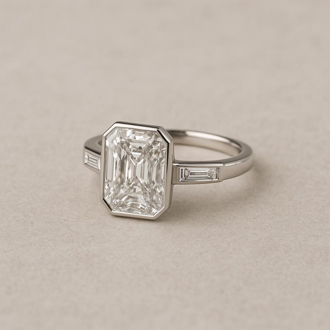 3 CT Bezel Set Radiant Cut Moissanite Engagement Ring 925 Sterling ...