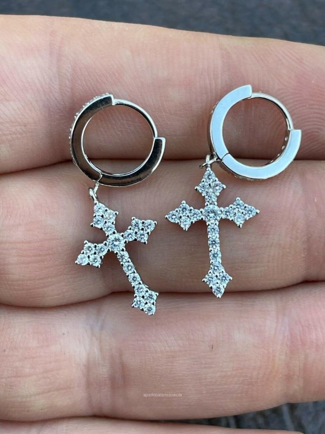 Iced Out Moissanite Gothic Cross Hoop Earrings: Sterling Silver Dangle ...