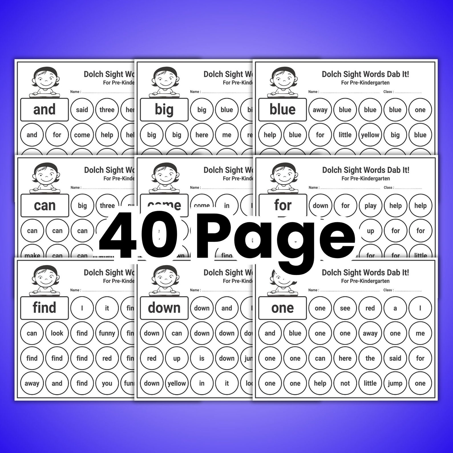 Pre-k Dolch Sight Word Dab It Worksheets: 40 Printable Activities for ...