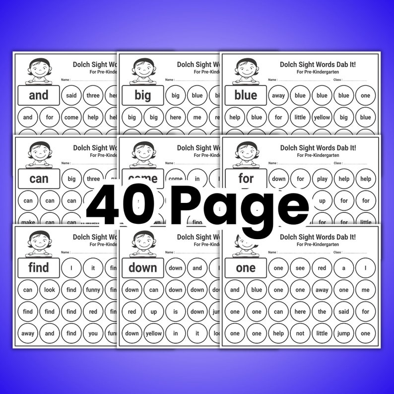 Pre-k Dolch Sight Word Dab It Worksheets: 40 Printable Activities for ...