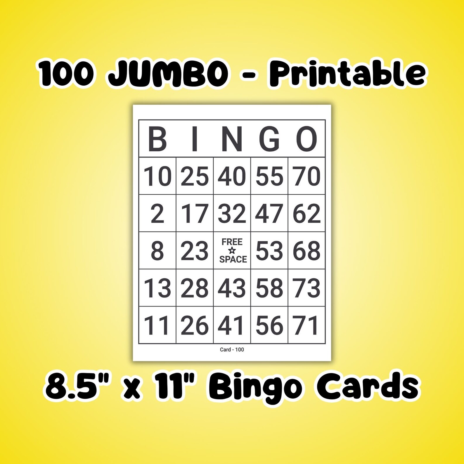 Bingo Cards, 100 Unique Jumbo Printable - Instant PDF Download | Bingo ...