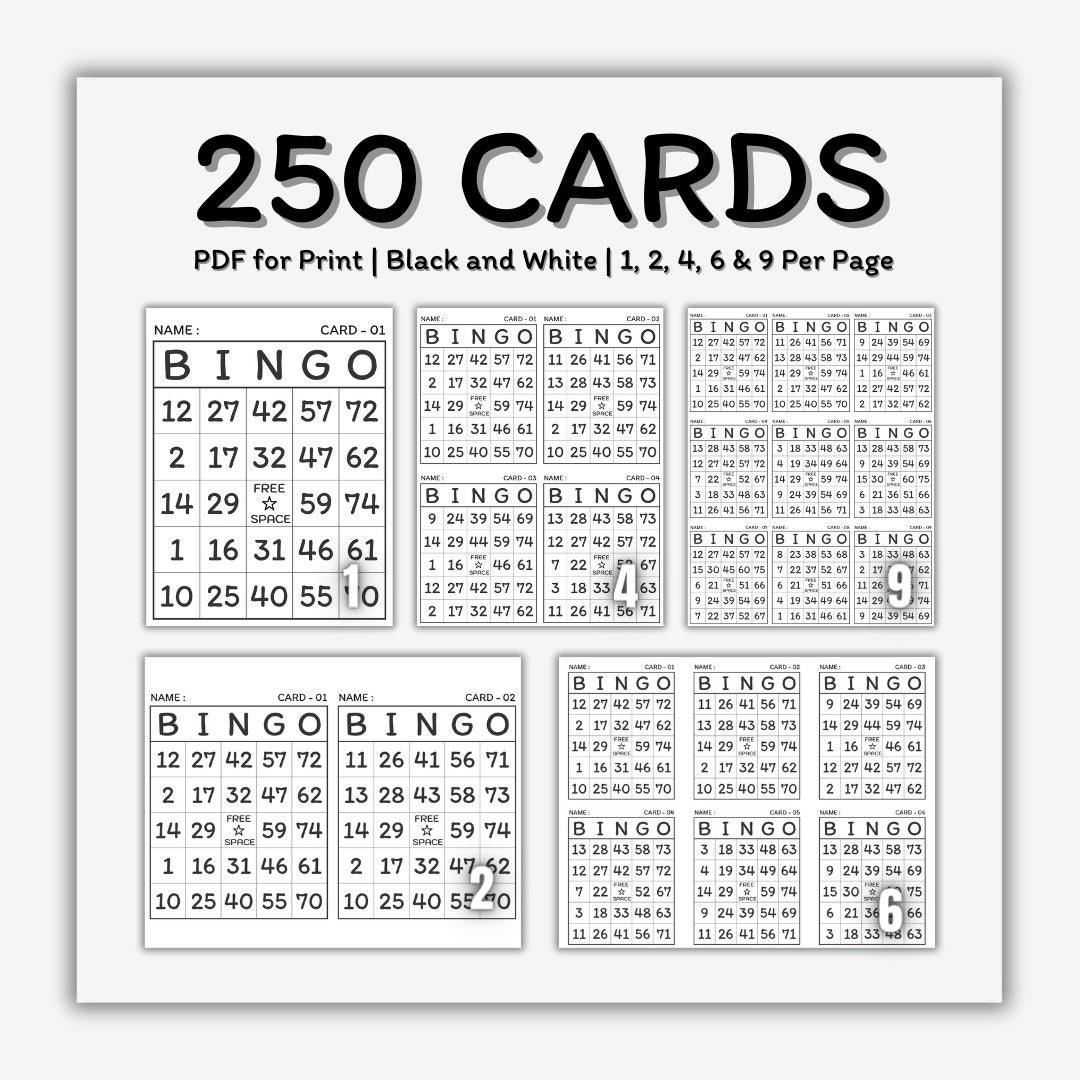 250 Bingo Cards | Printable Set | Black and White Edition | 1, 2, 4, 6 ...