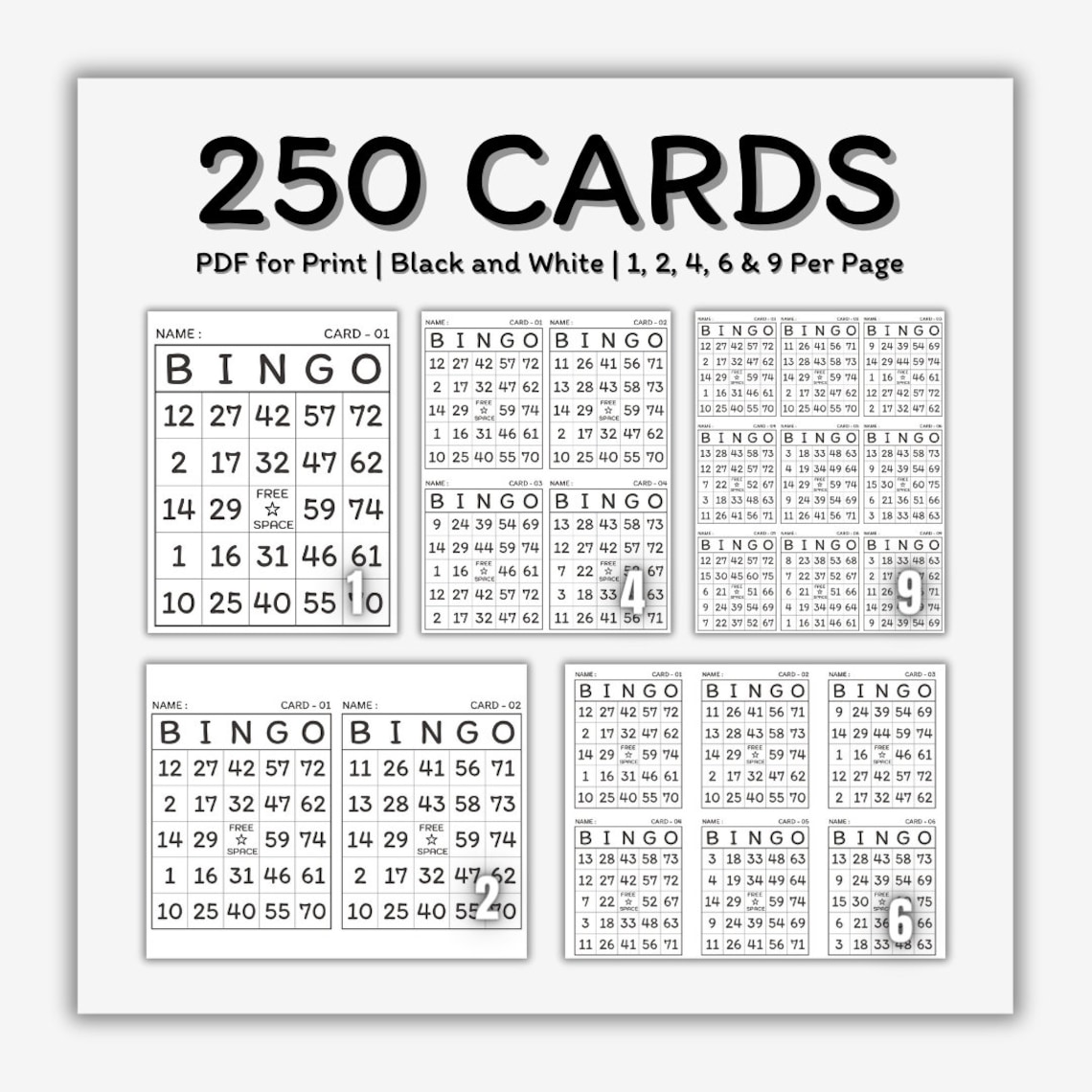 250 Bingo Cards Printable Set Black and White Edition 1, 2, 4, 6, or 9 ...